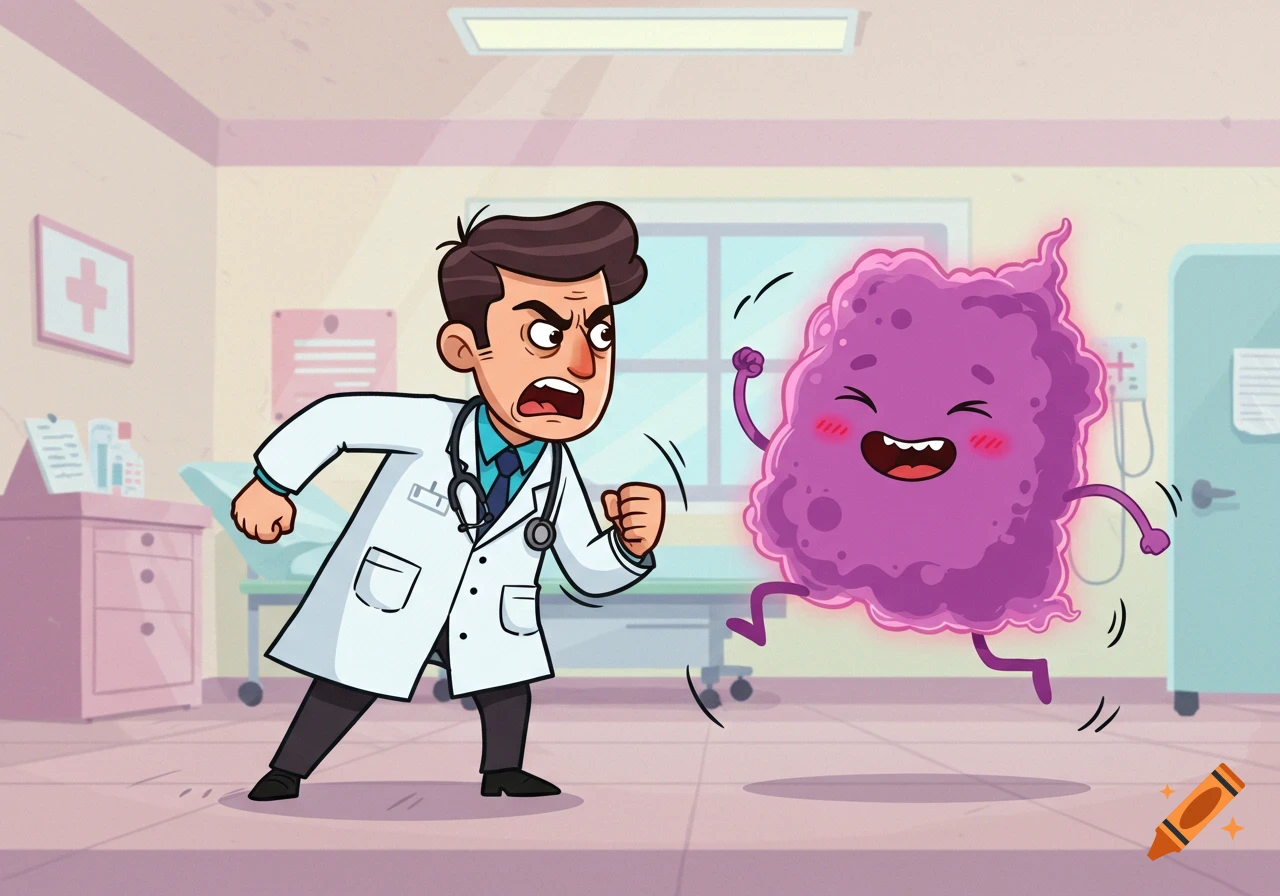 Cartoon of an angry doctor chasing a happy purple tumor in a hospital ...