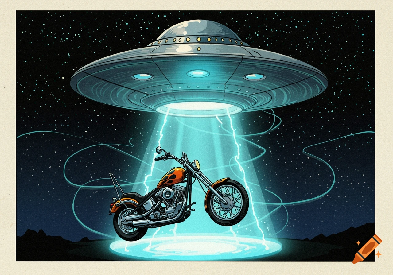 A retro illustration shows a classic chopper motorcycle being beamed up ...