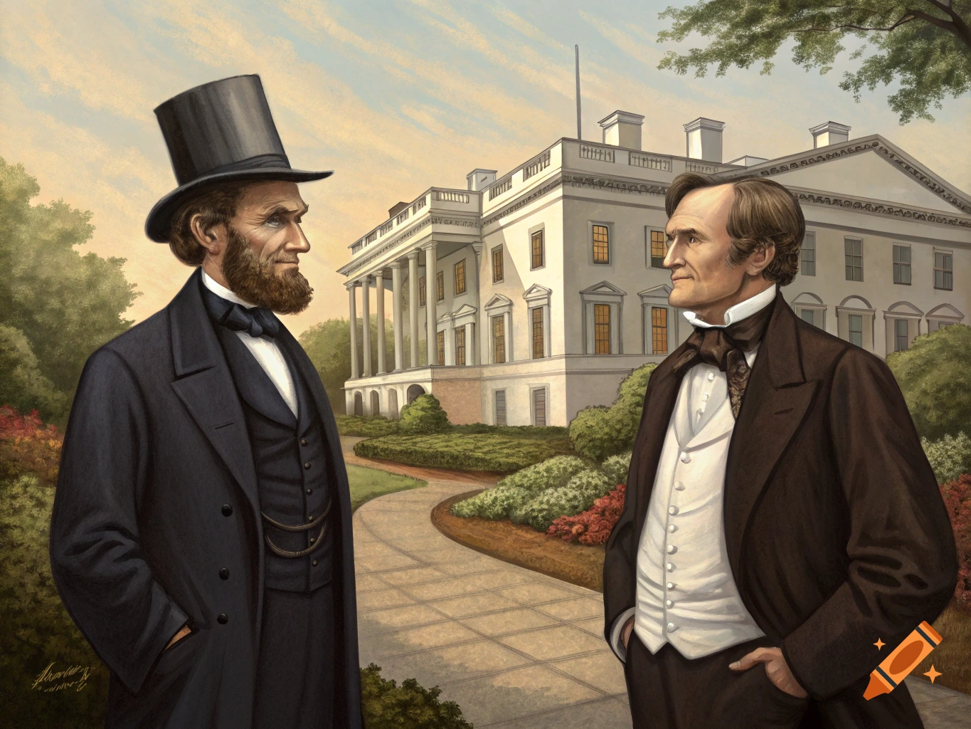 Illustration of Abraham Lincoln meeting John Asquith in front of the ...
