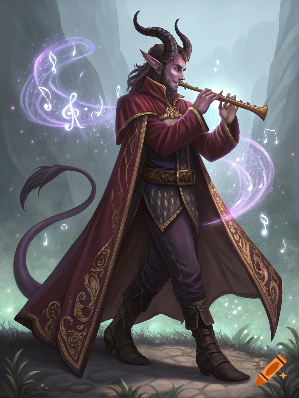 A tiefling bard in a red cape plays a flute, with musical notes ...