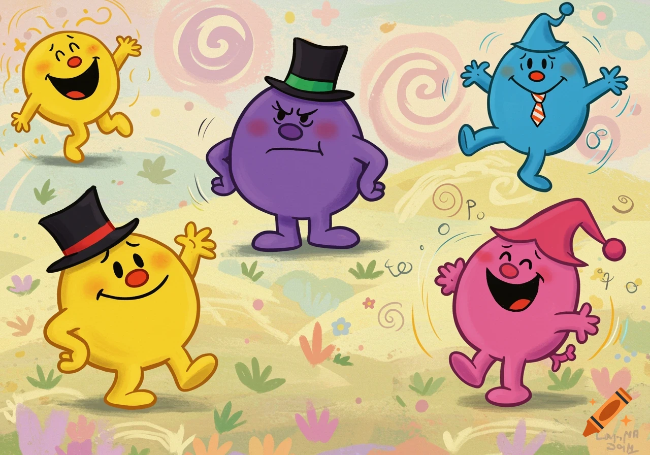 Several colorful, round cartoon characters with arms and legs are ...