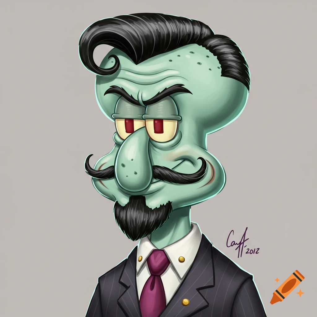 Stylized portrait of Handsome Squidward in a suit with a mustache and ...