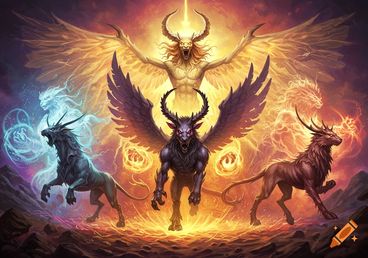 Large winged horned figure and three mythical horned beasts in a fiery ...