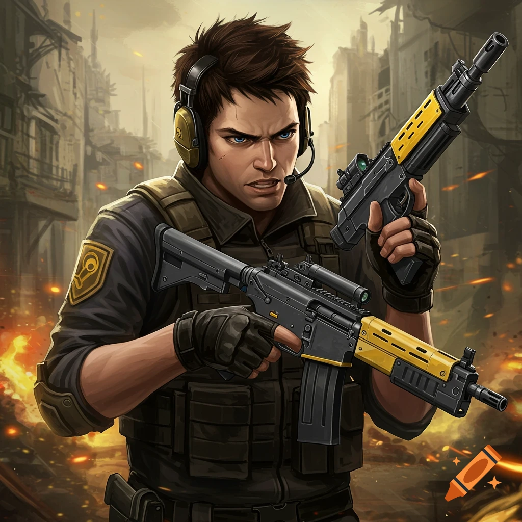 Man in tactical gear holding two assault rifles in a ruined city ...