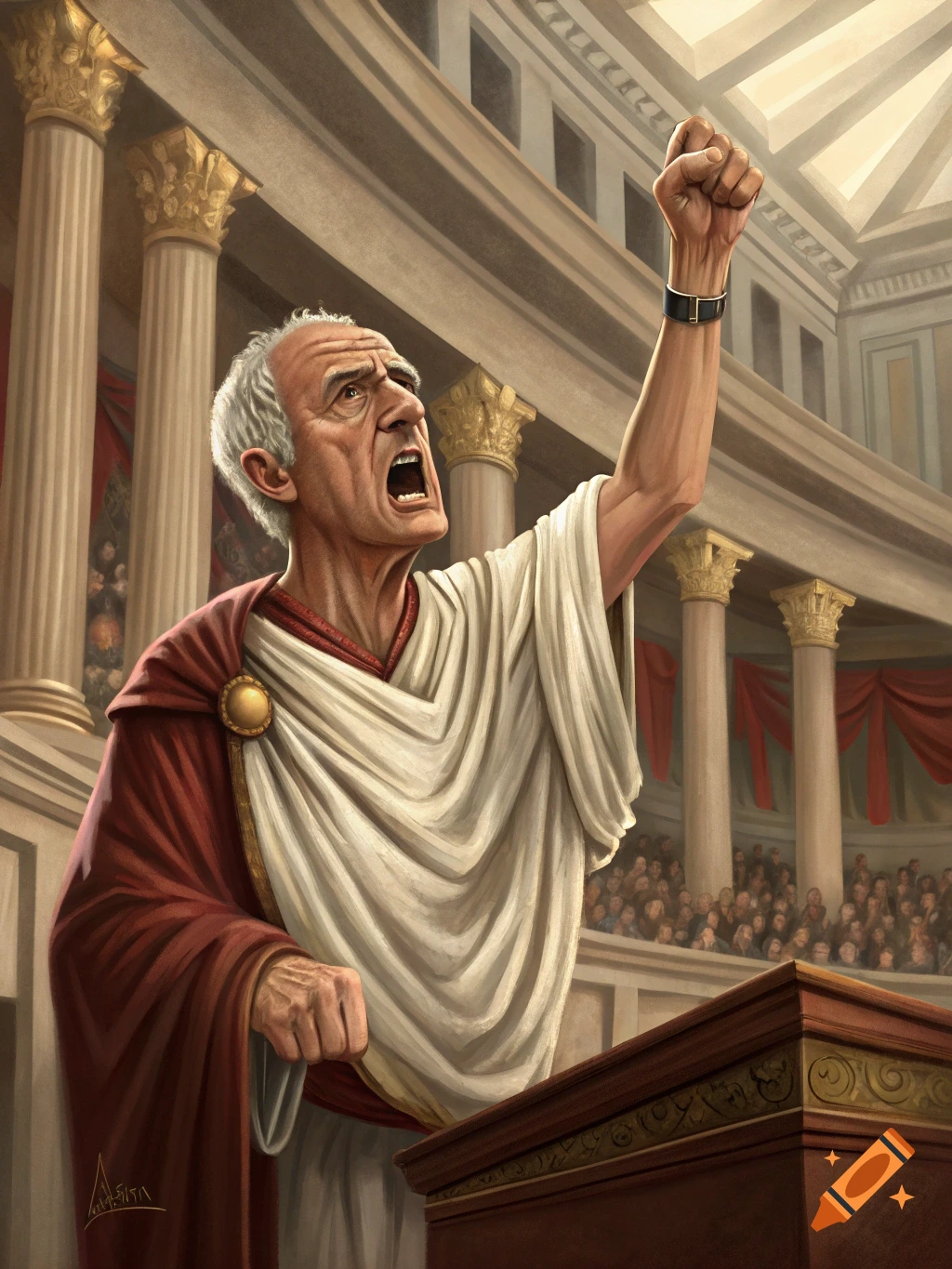 Illustration of an elderly Roman senator, Cato the Elder, giving an ...