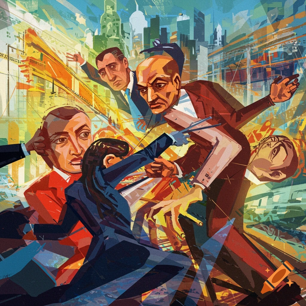 Neo expressionist painting of figures in suits struggling in an ...