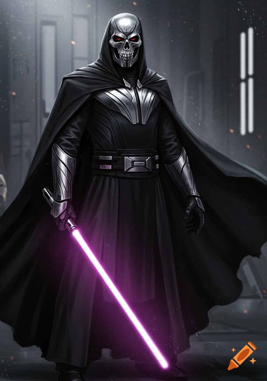 A tall figure in a black robe, silver skull mask, and silver armor ...