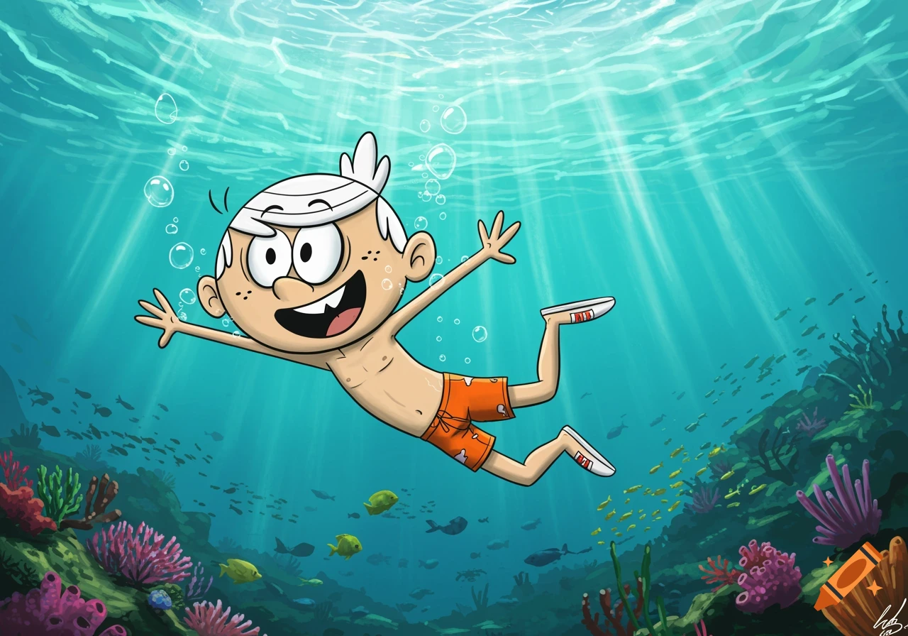 Cartoon character Lincoln Loud swimming underwater with fish and coral ...