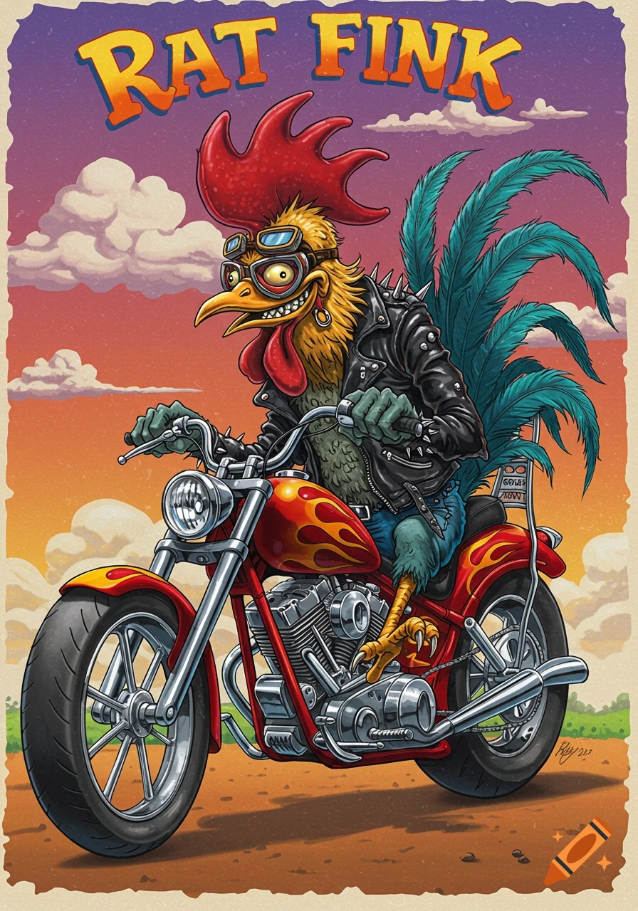 Rat Fink inspired cartoon rooster riding a motorcycle under a sunset ...