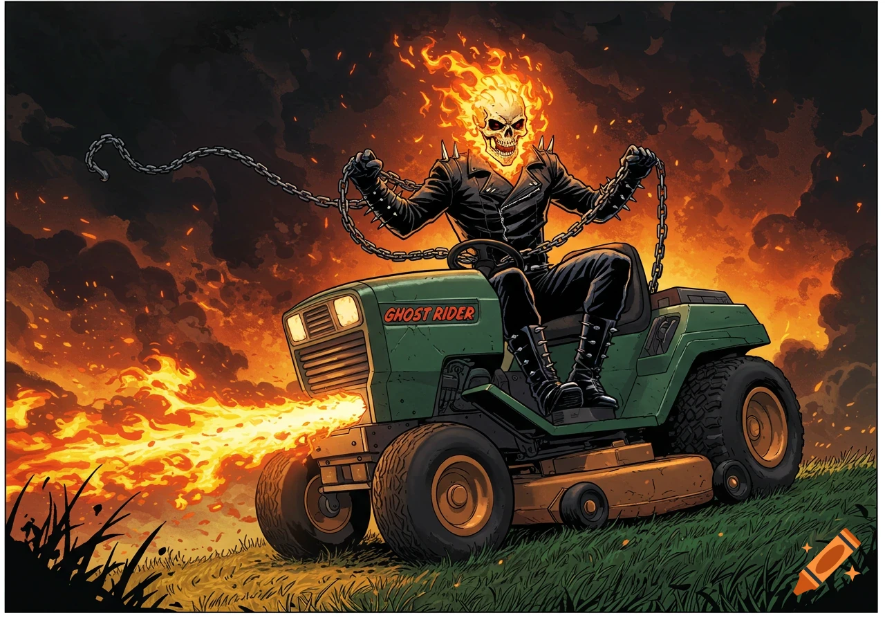 Comic style Ghost Rider with a flaming skull on a riding lawnmower in a ...