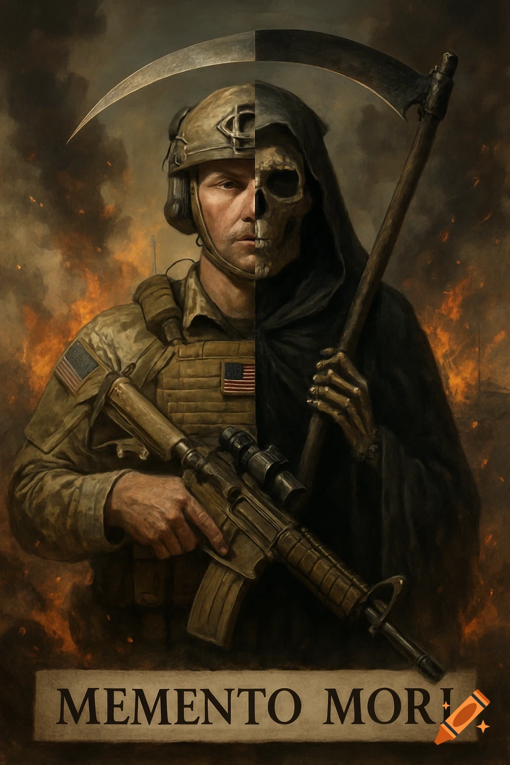 Split image of a soldier and grim reaper with rifle and scythe on a ...