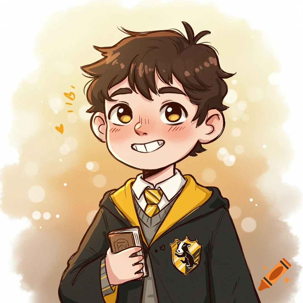 Cartoon drawing of a happy boy in a Hufflepuff uniform holding a book ...