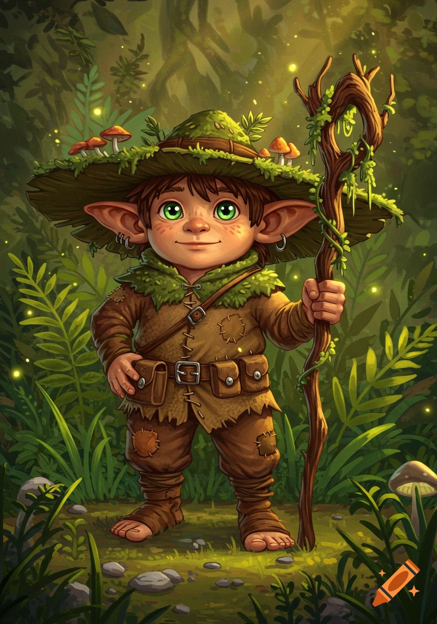 A cute fantasy creature dressed in forest clothes holds a staff in a ...