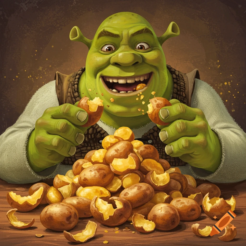 Shrek happily eating a large pile of potatoes on Craiyon
