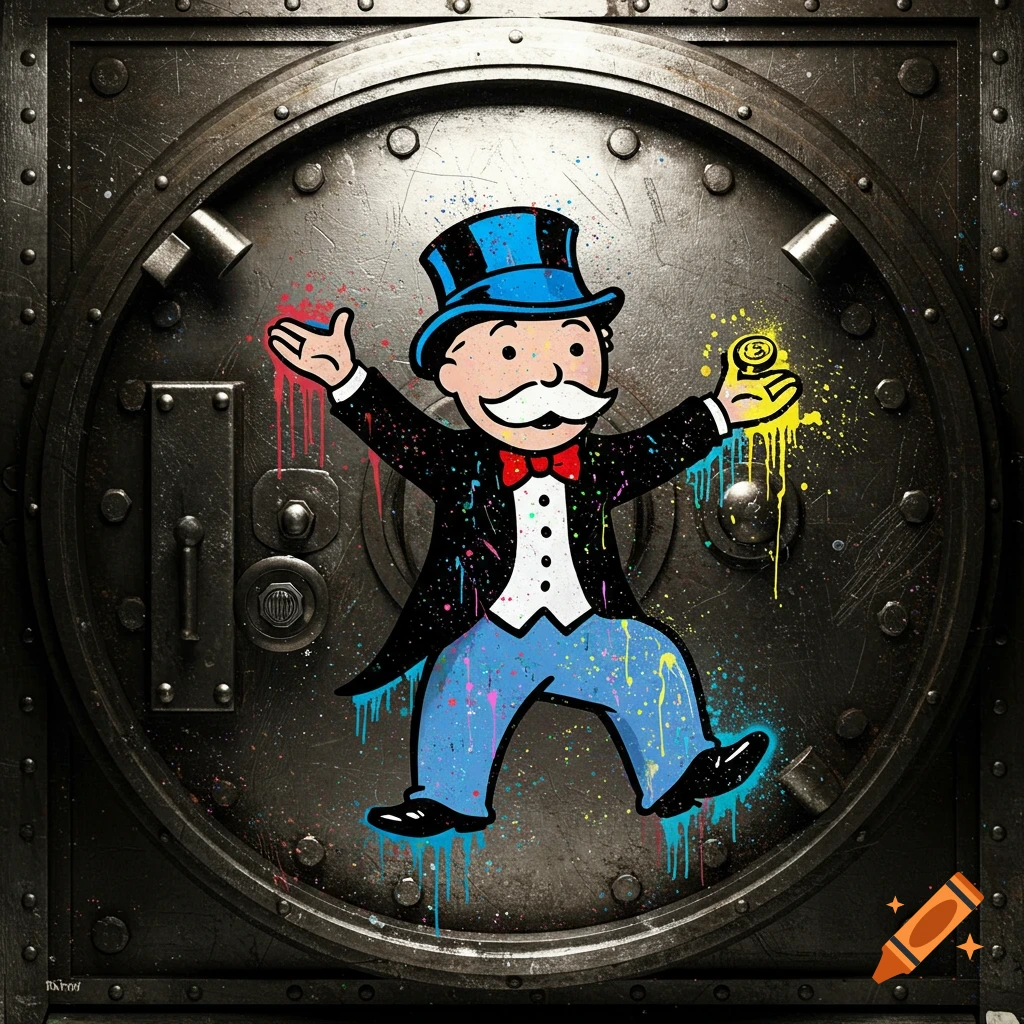 Monopoly Man character in a graffiti style on a bank vault door. on Craiyon