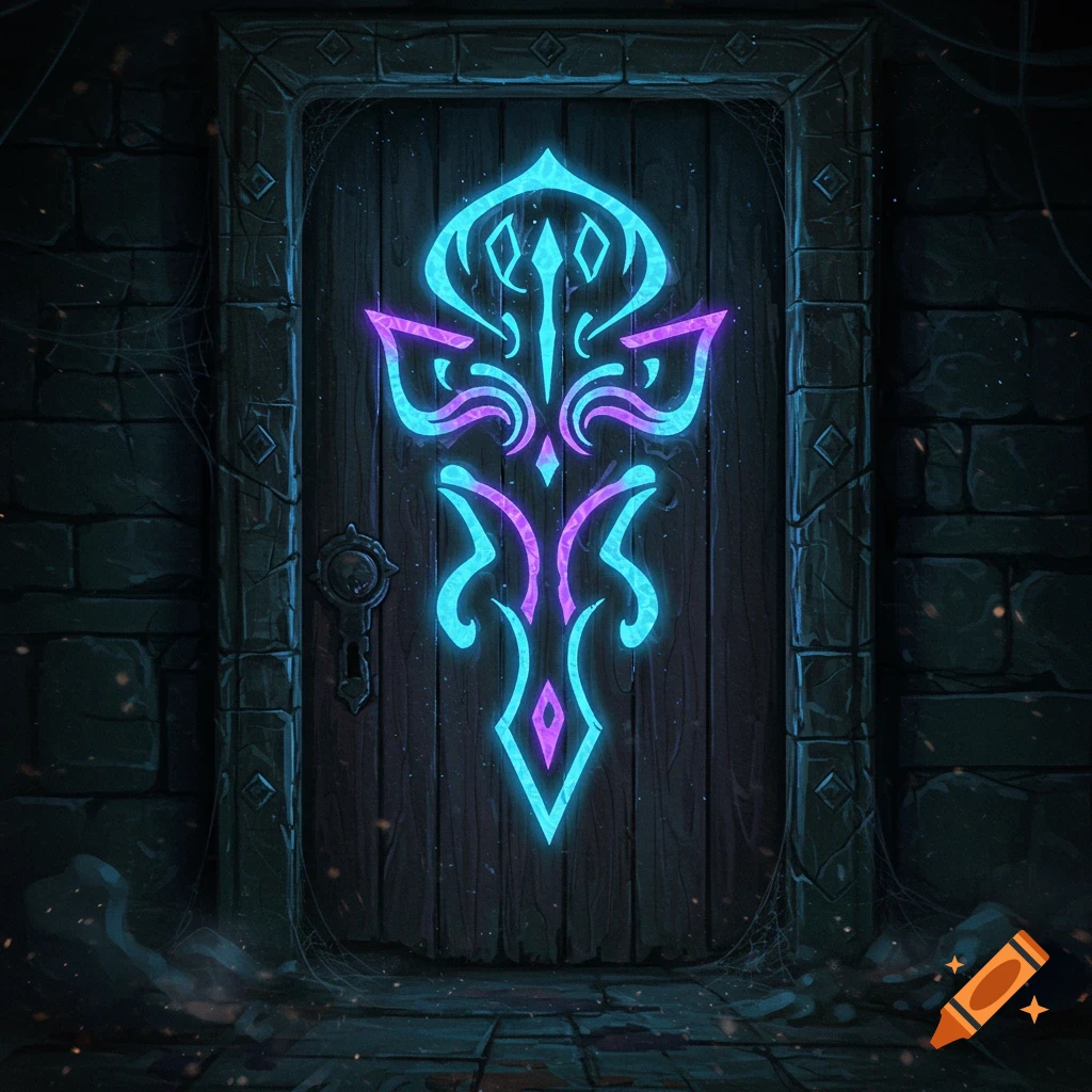A dark wooden door with a glowing magical glyph on Craiyon