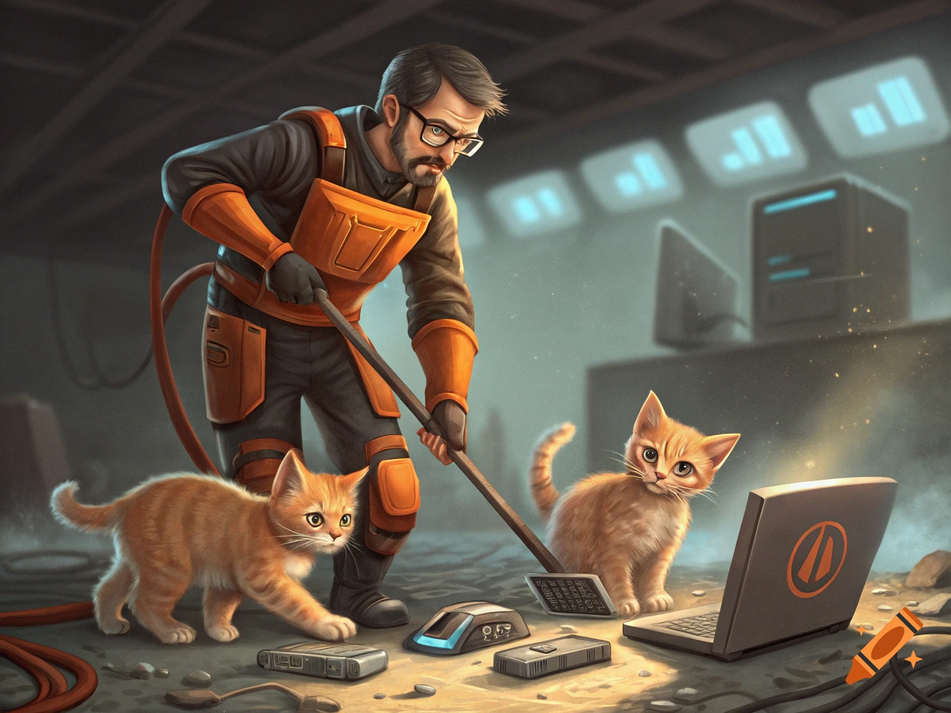 A man in an orange suit sweeps next to two orange cats, broken ...