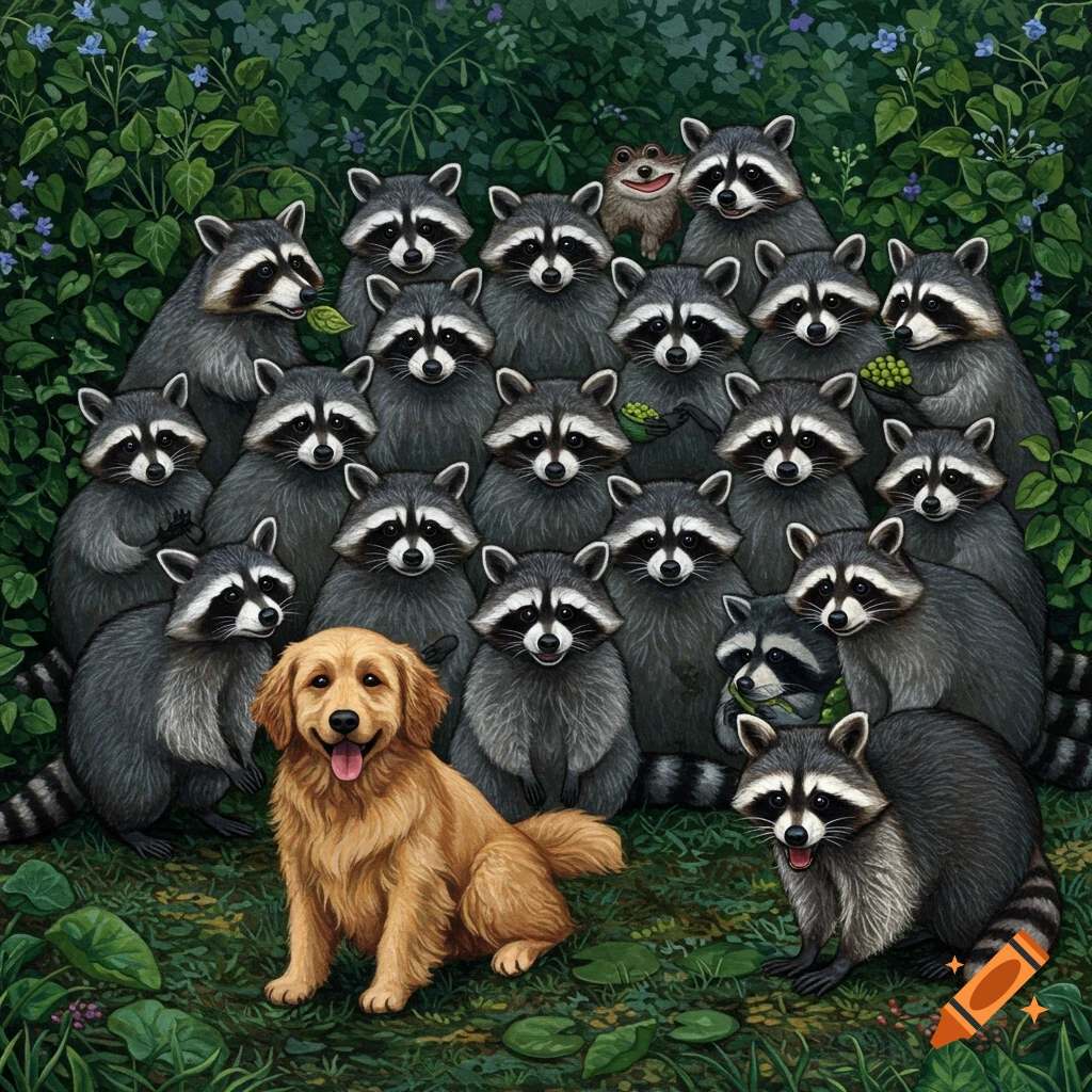 A golden retriever sits in a forest clearing surrounded by many ...