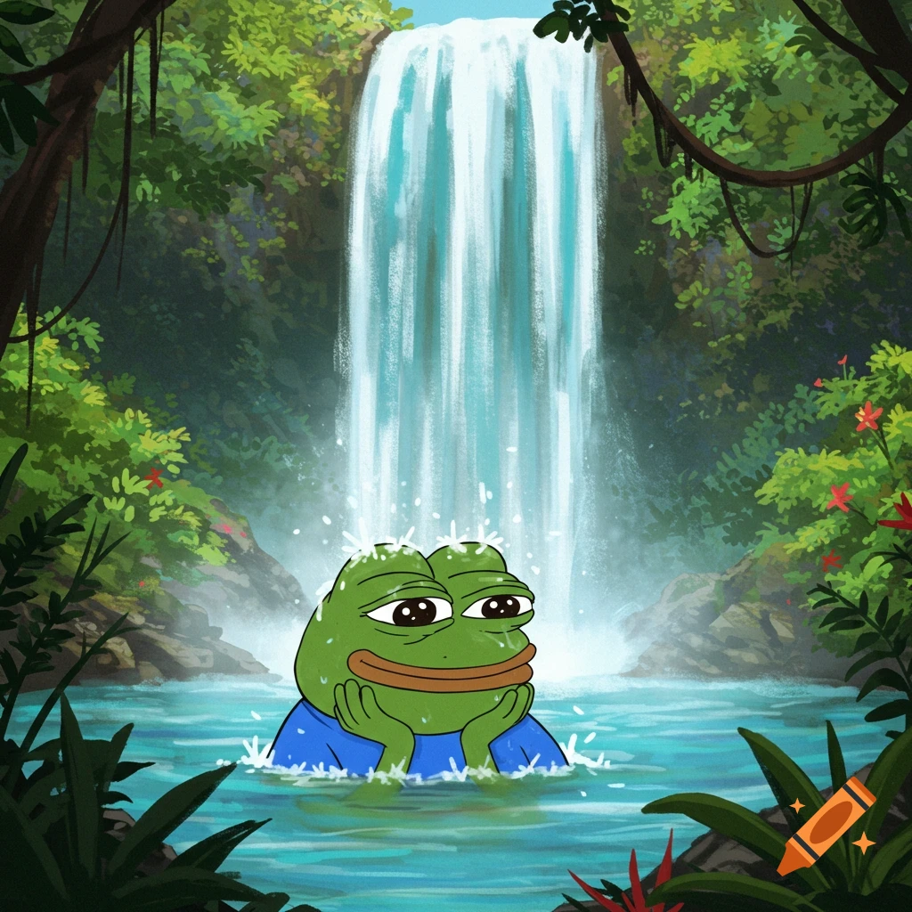 Illustration of Pepe the frog sitting in water under a waterfall in a ...