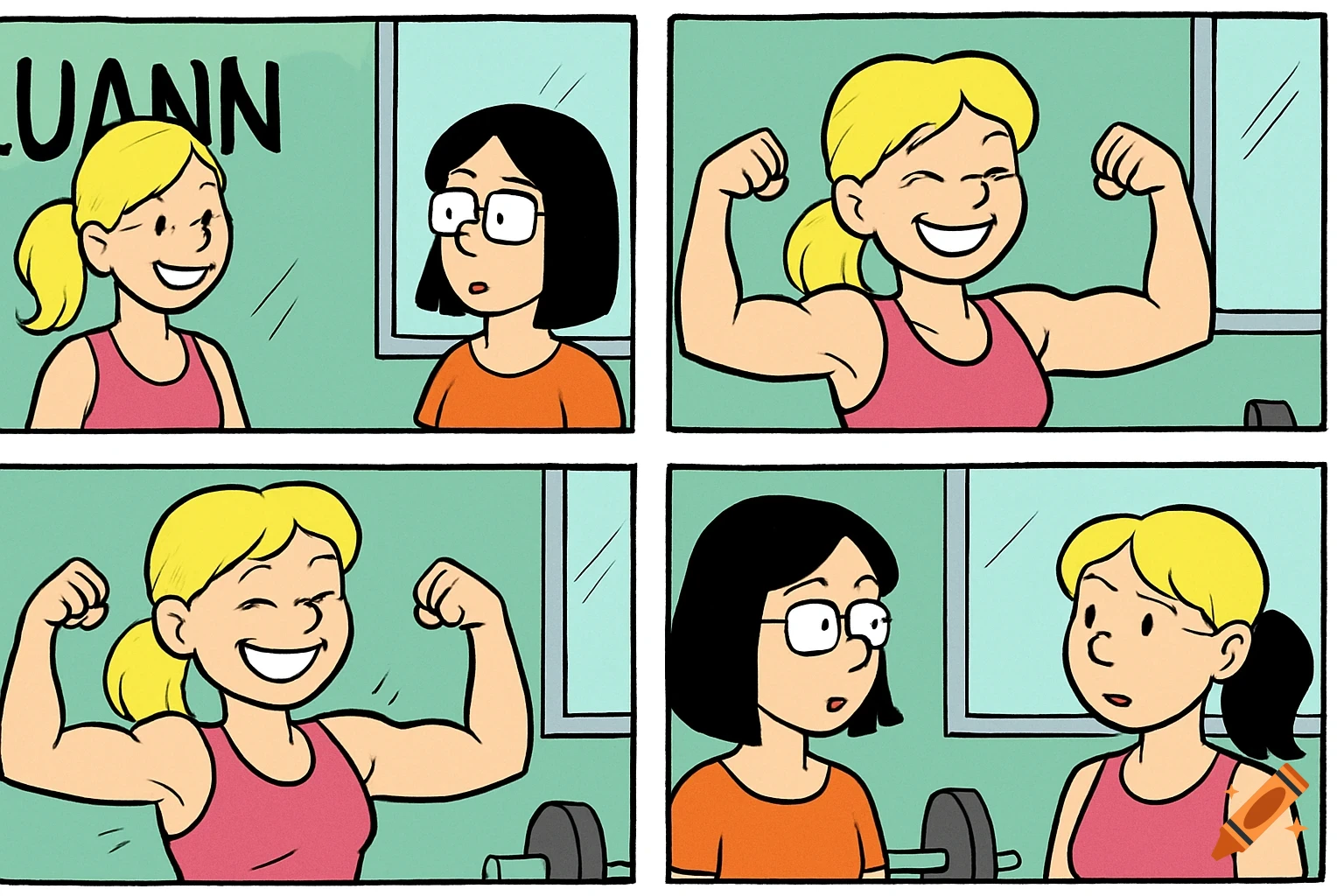 Four-panel cartoon comic strip of a blonde woman flexing her muscles at ...