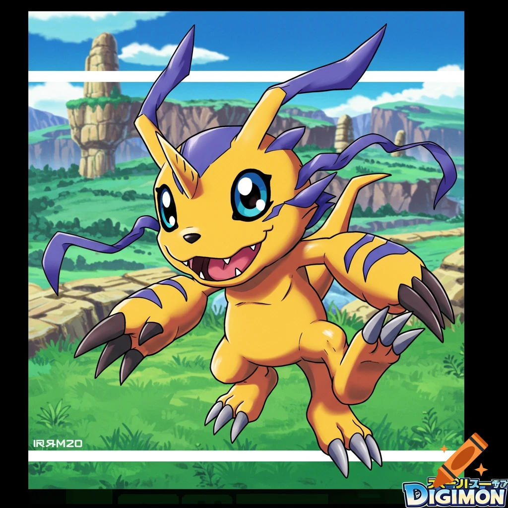 A yellow Digimon character in anime style jumping in a grassy field. on ...