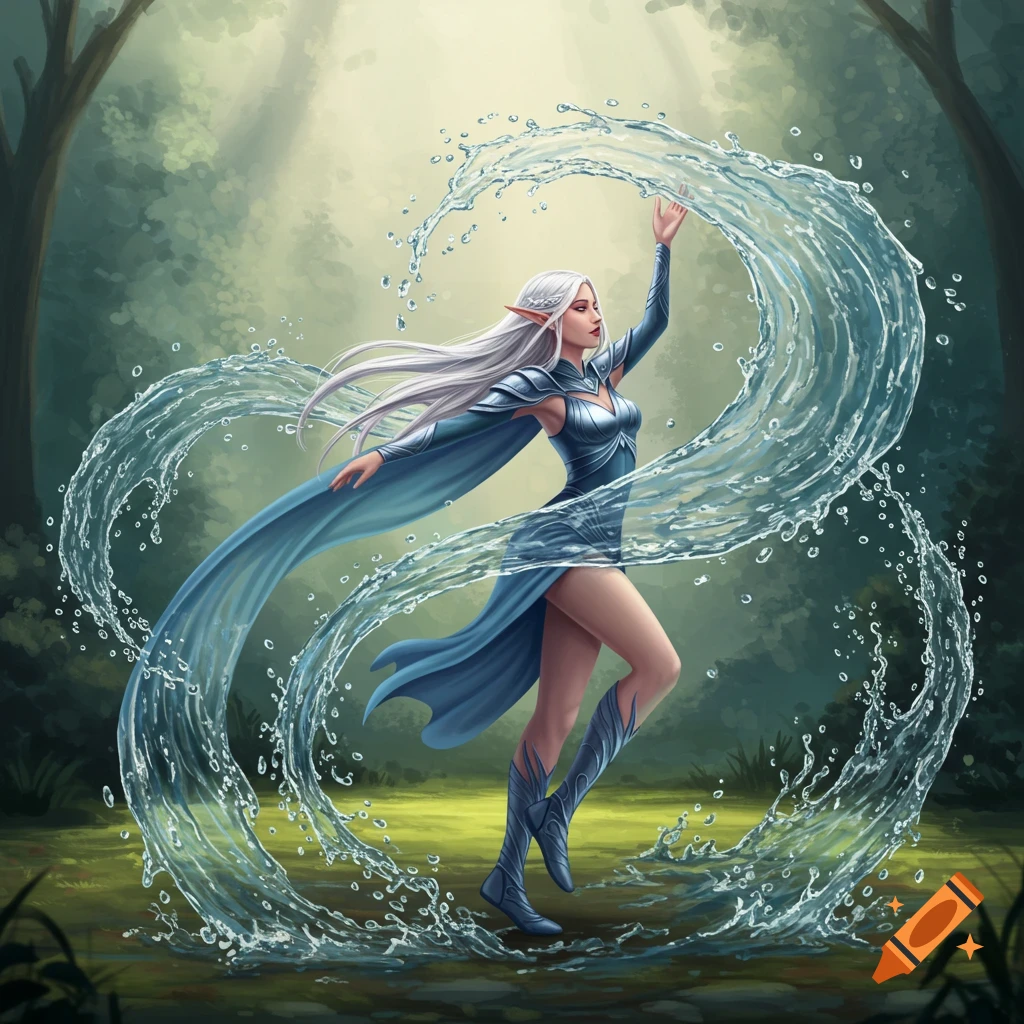 A graceful elven warrior with silver hair manipulates a large water ...