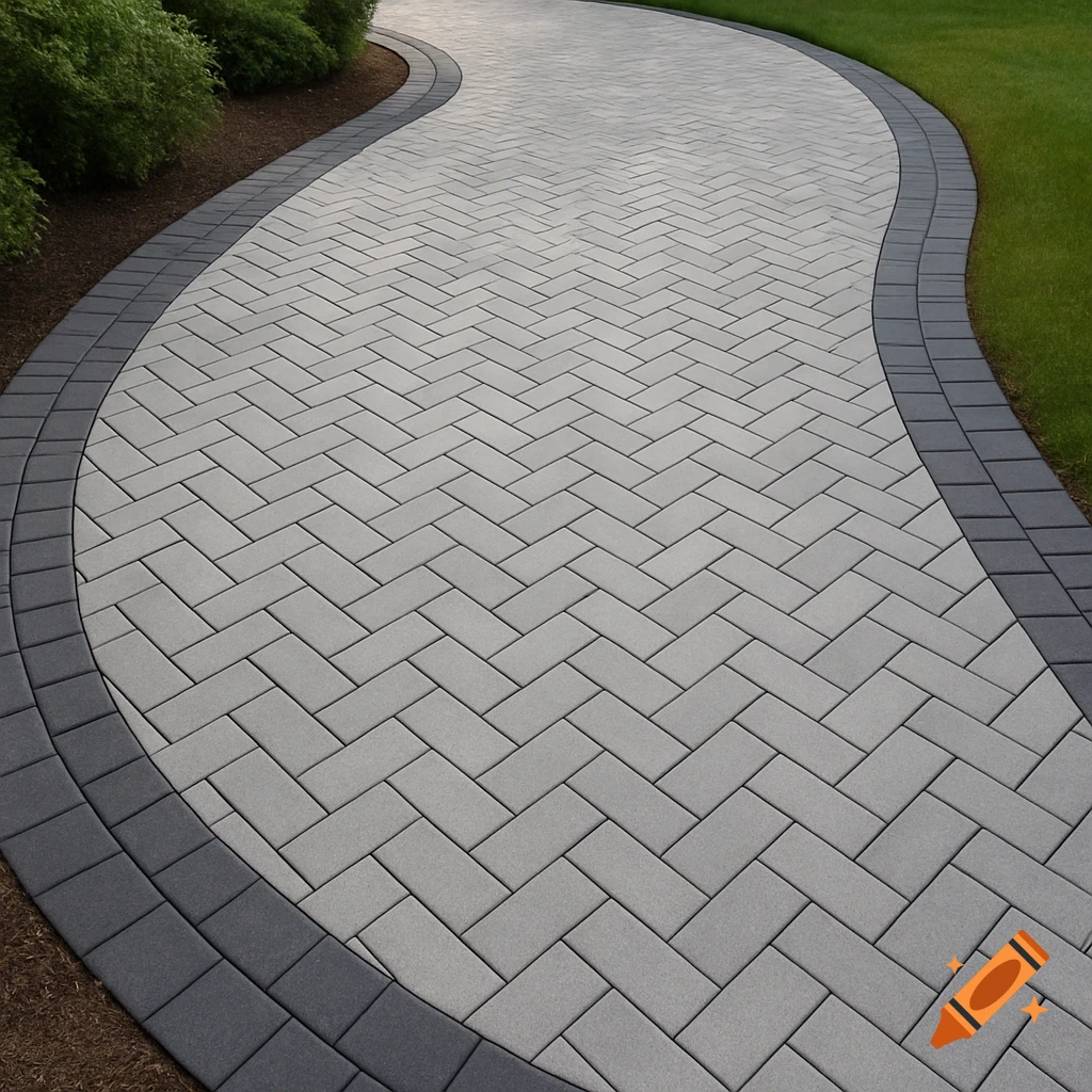 A curved driveway paved with herringbone light grey pavers and a dark ...
