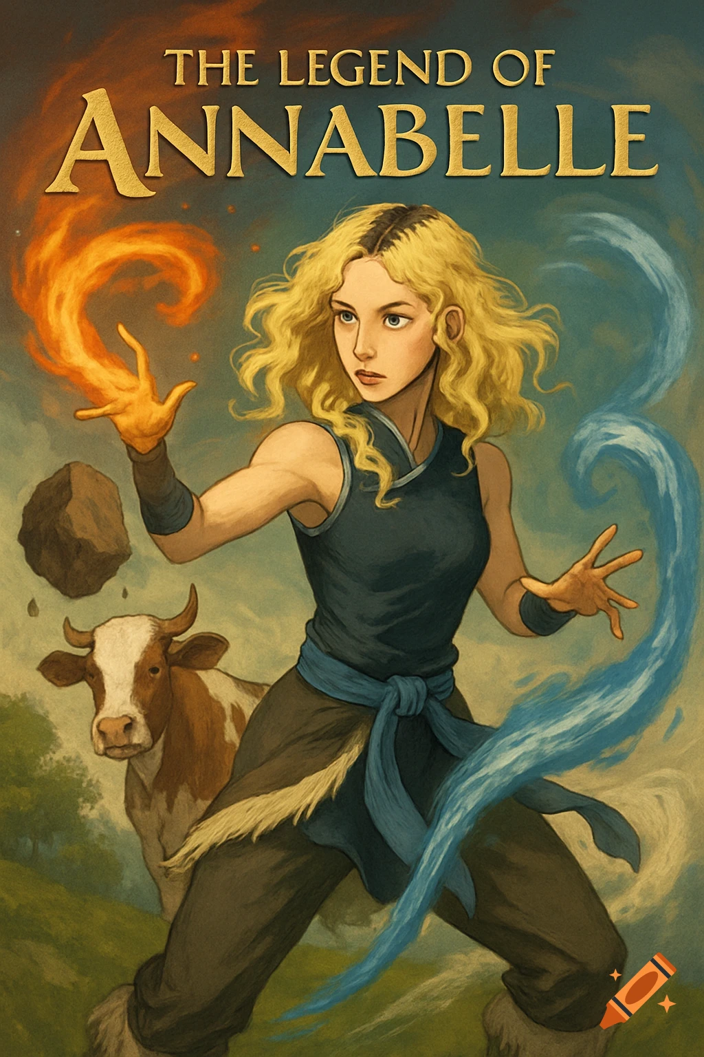 A young woman in fantasy clothing stands with a cow, bending fire and ...