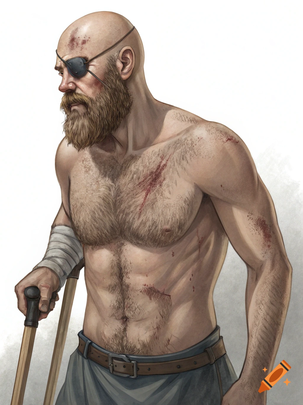 Bearded man with eye patch and scars, holding a crutch. on Craiyon