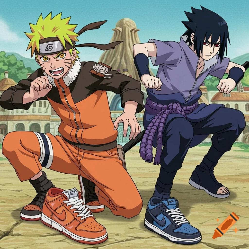 Naruto and Sasuke wearing Nike Dunk sneakers and posing in a village ...