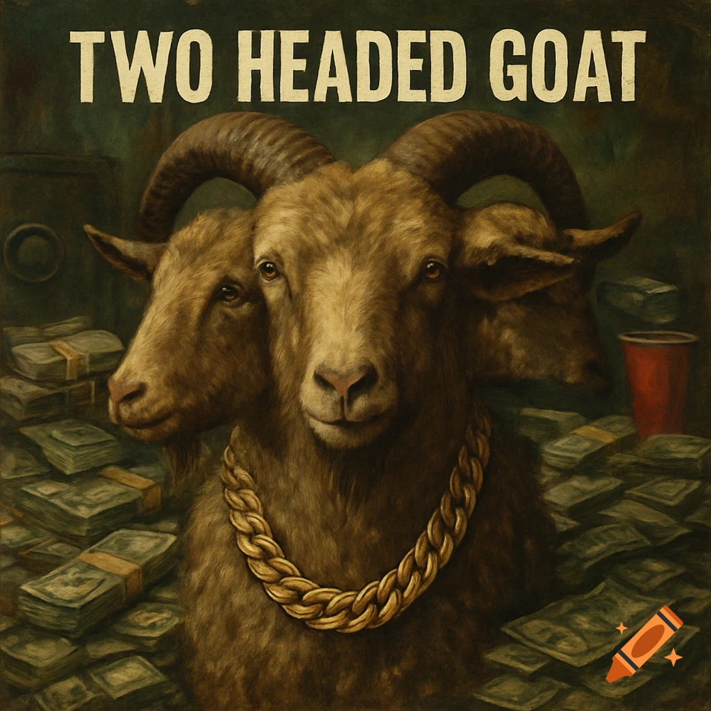 Painting of a three-headed goat wearing a gold chain, surrounded by ...