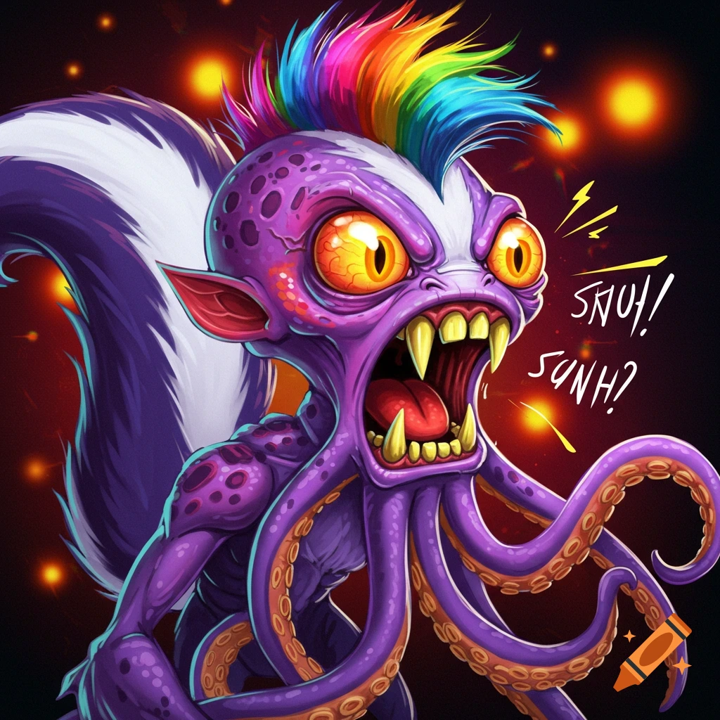 Cartoon illustration of an angry purple tentacled monster with a skunk ...