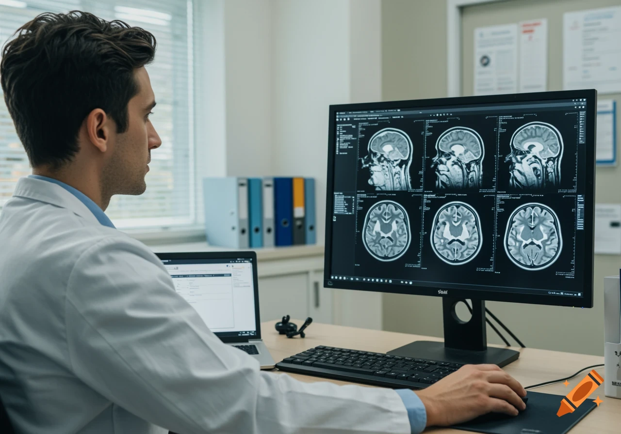 A doctor looks at a brain MRI scan on a computer screen in an office on ...