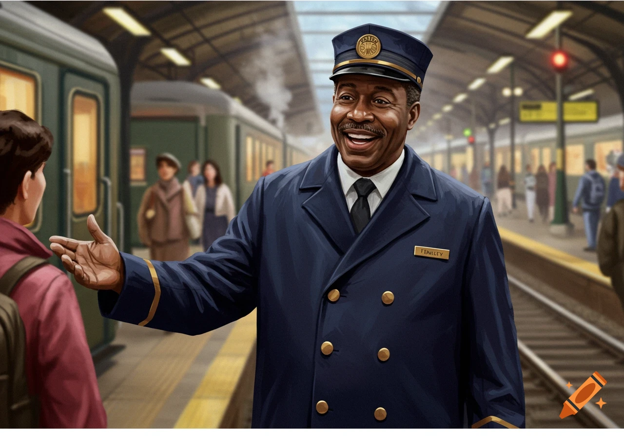 A smiling train conductor in uniform greets someone at a station ...