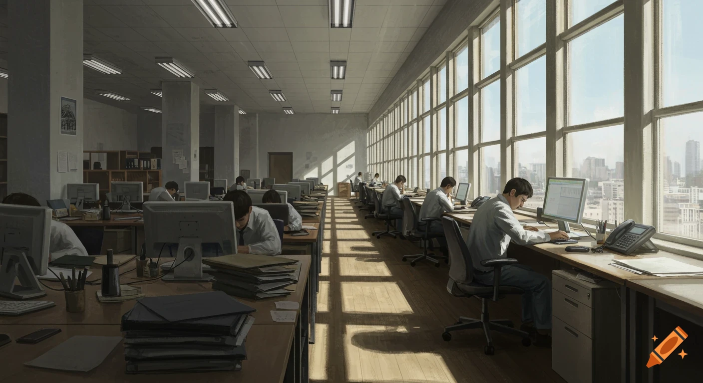 A realistic painting of a long office with many workers at desks ...