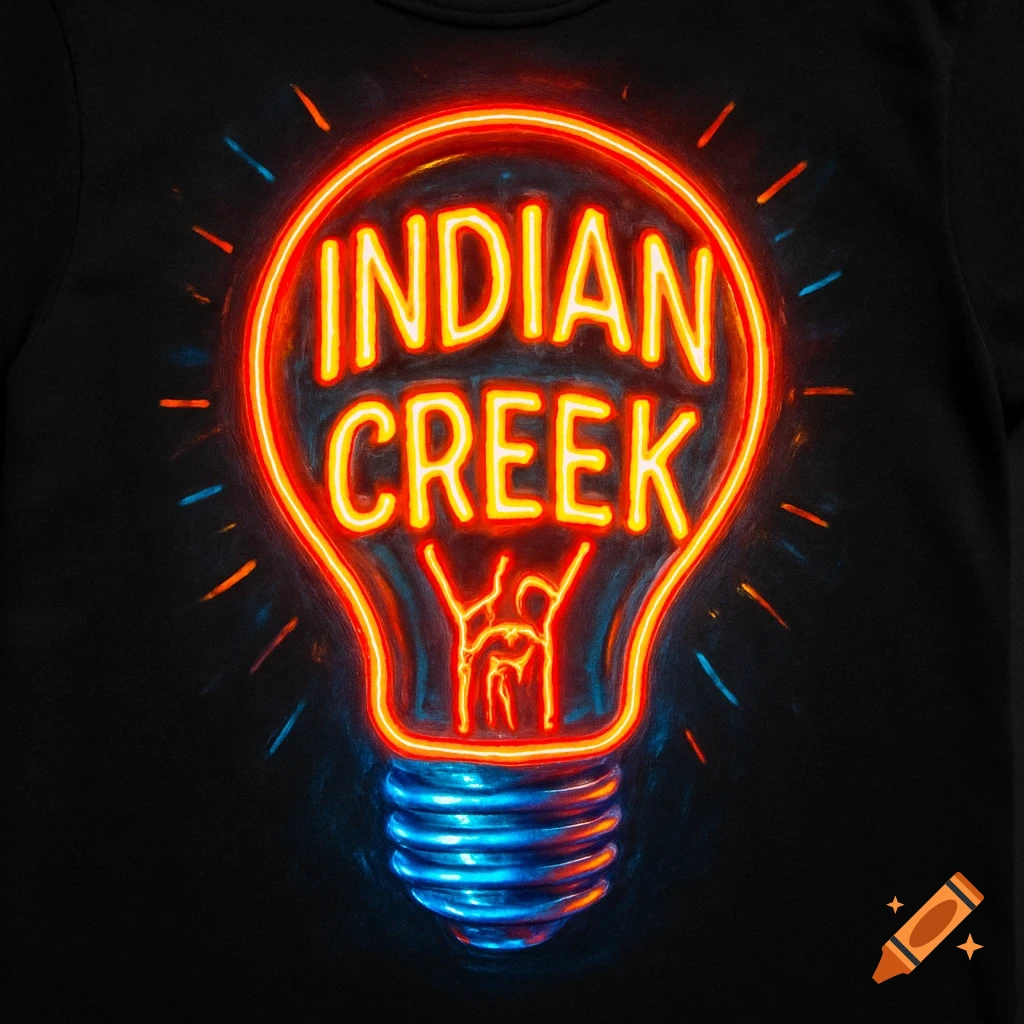 Neon light bulb graphic with the text INDIAN CREEK on a black ...