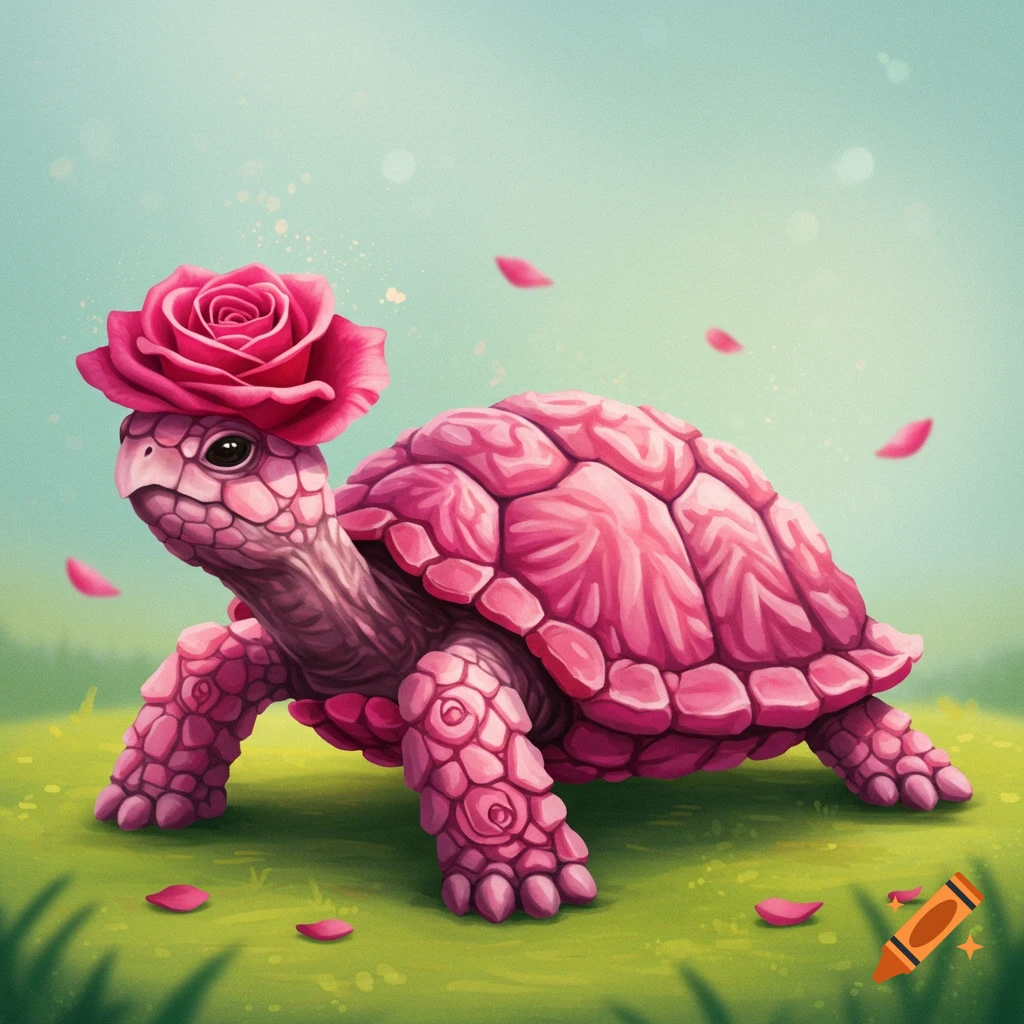 A pink fantasy turtle made of rose petals with a rose on its head walks ...
