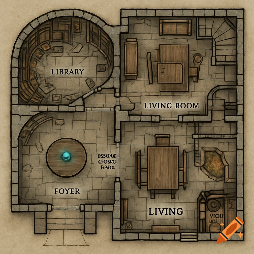 Top-down fantasy map showing a wizard's tower floor plan with library ...