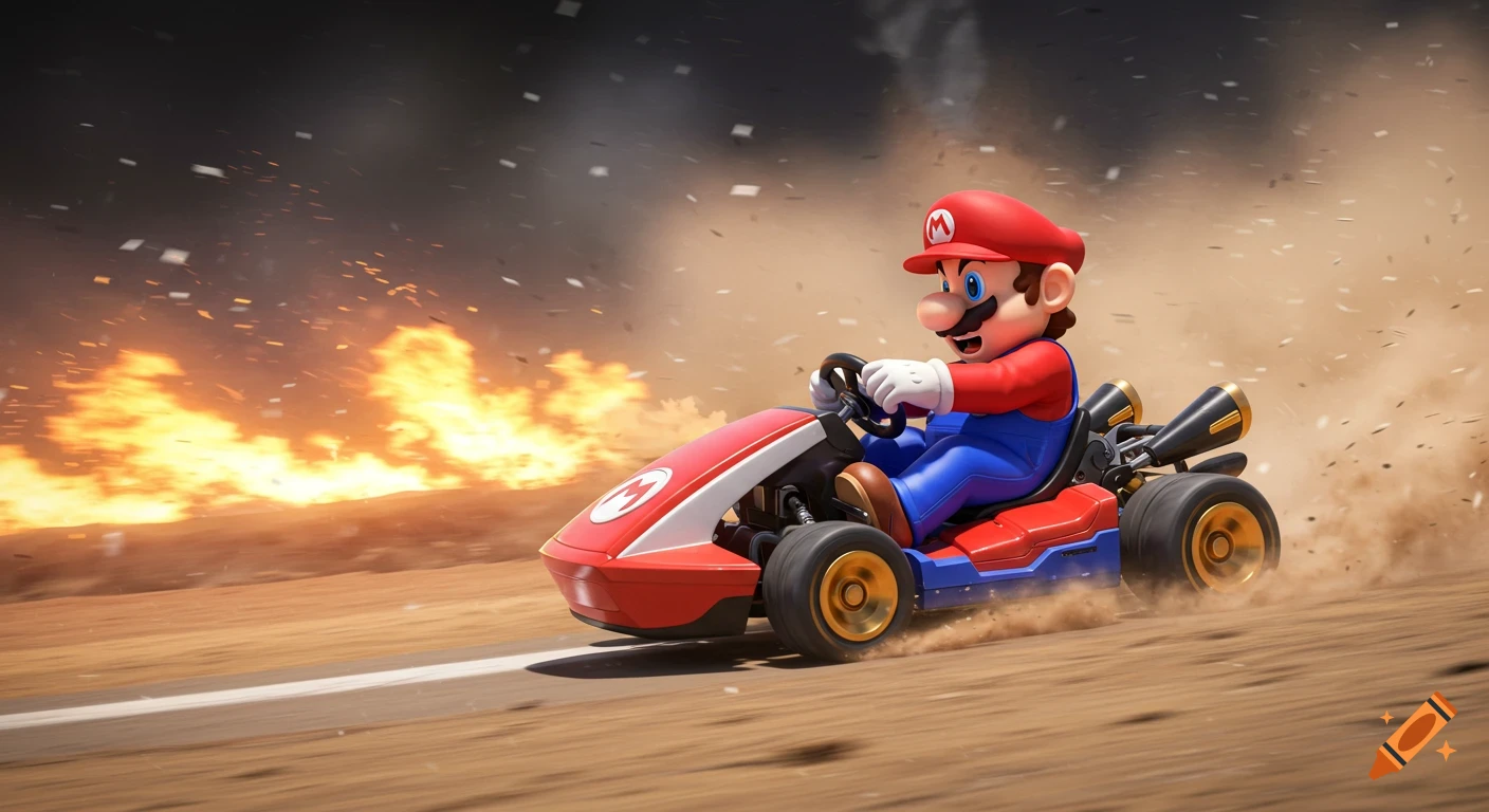 Mario races a kart on a track with fire and dust effects on Craiyon