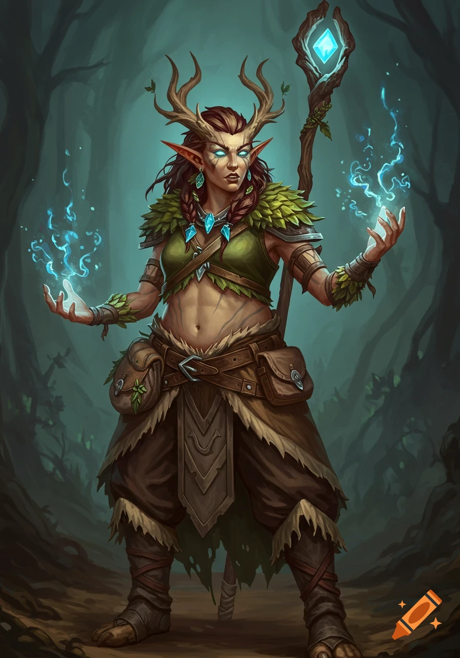 A fantasy character with antlers, casting blue magic in a forest. on ...