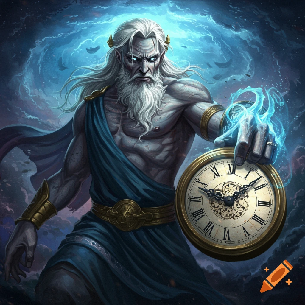 Mythological figure Chronos holding a large clock, illustrative style ...