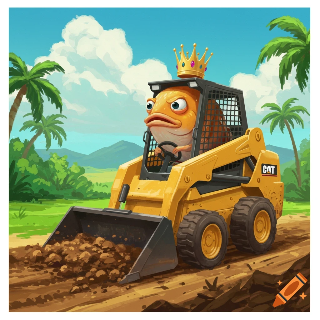 A cartoon fish wearing a crown drives a yellow skid steer digging dirt ...