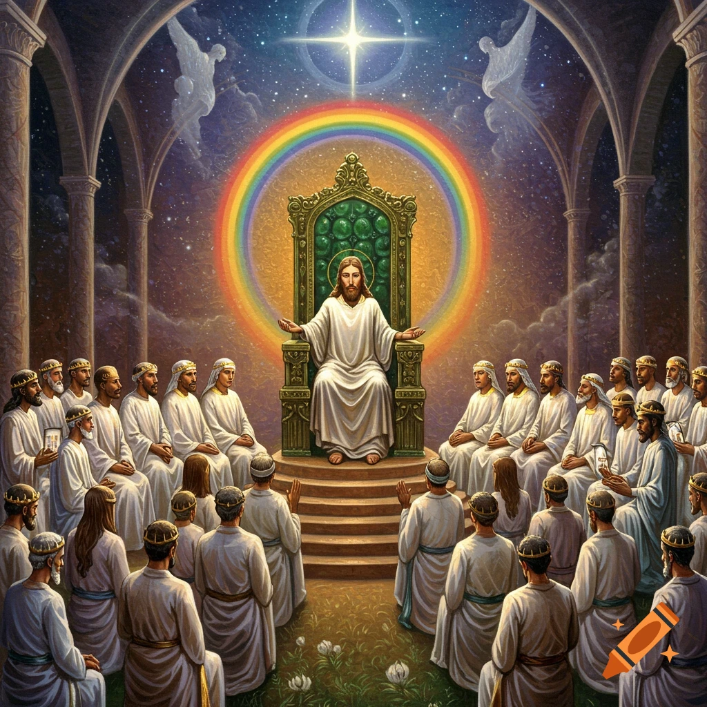 Jesus on a throne encircled by a rainbow and elders in a hall with a starry sky. on Craiyon