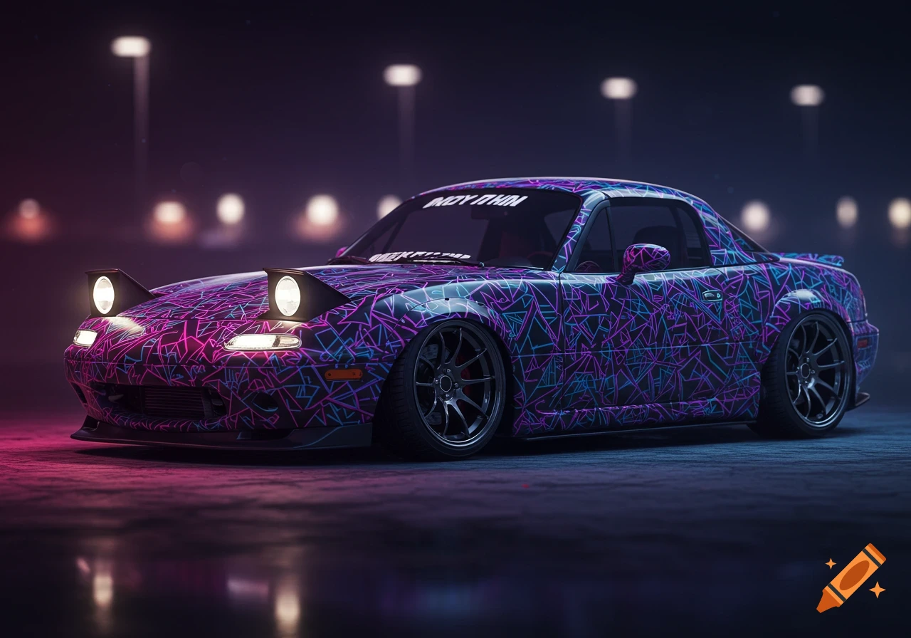A lowered Mazda Miata with a neon geometric vinyl wrap parked at night ...