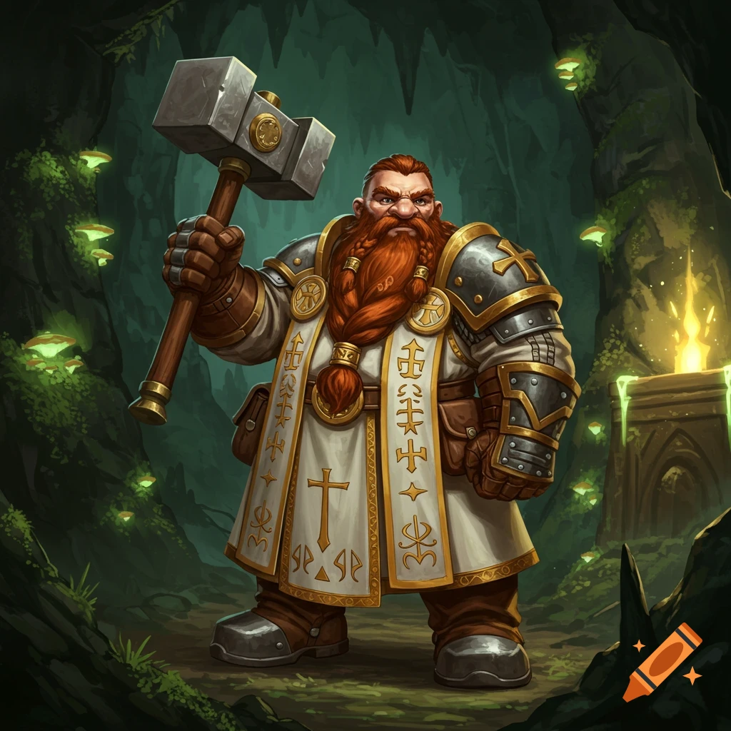 Illustration of a dwarf cleric holding a large hammer in a cave with glowing mushrooms. on Craiyon