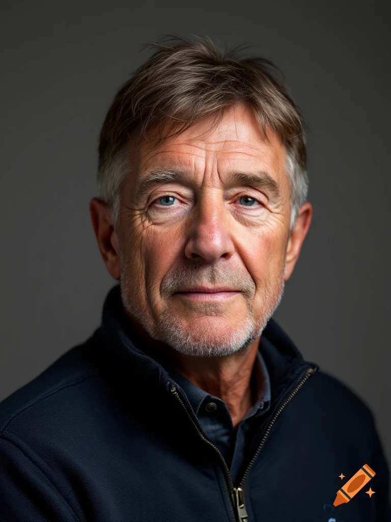 Detailed headshot portrait of an older man in a navy jacket against a ...