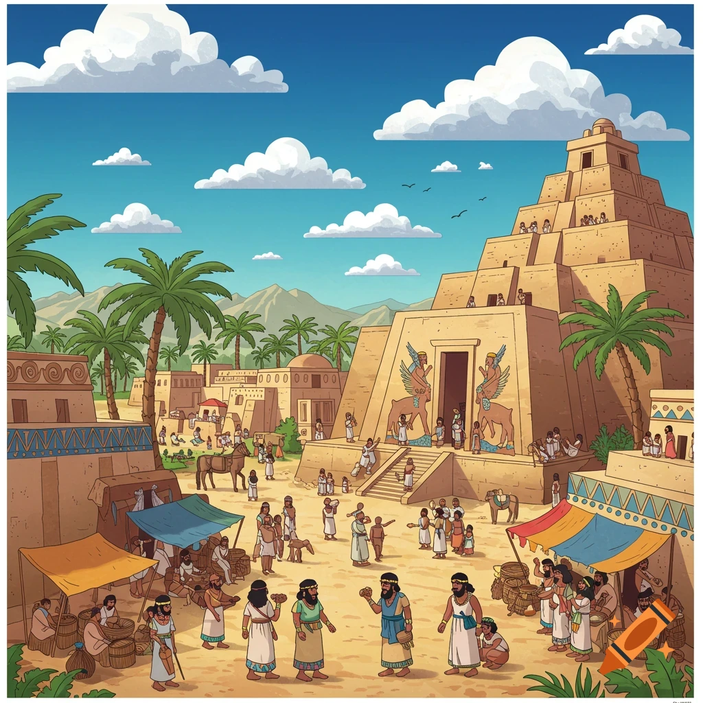 Cartoon illustration of an ancient Mesopotamian city with a ziggurat ...