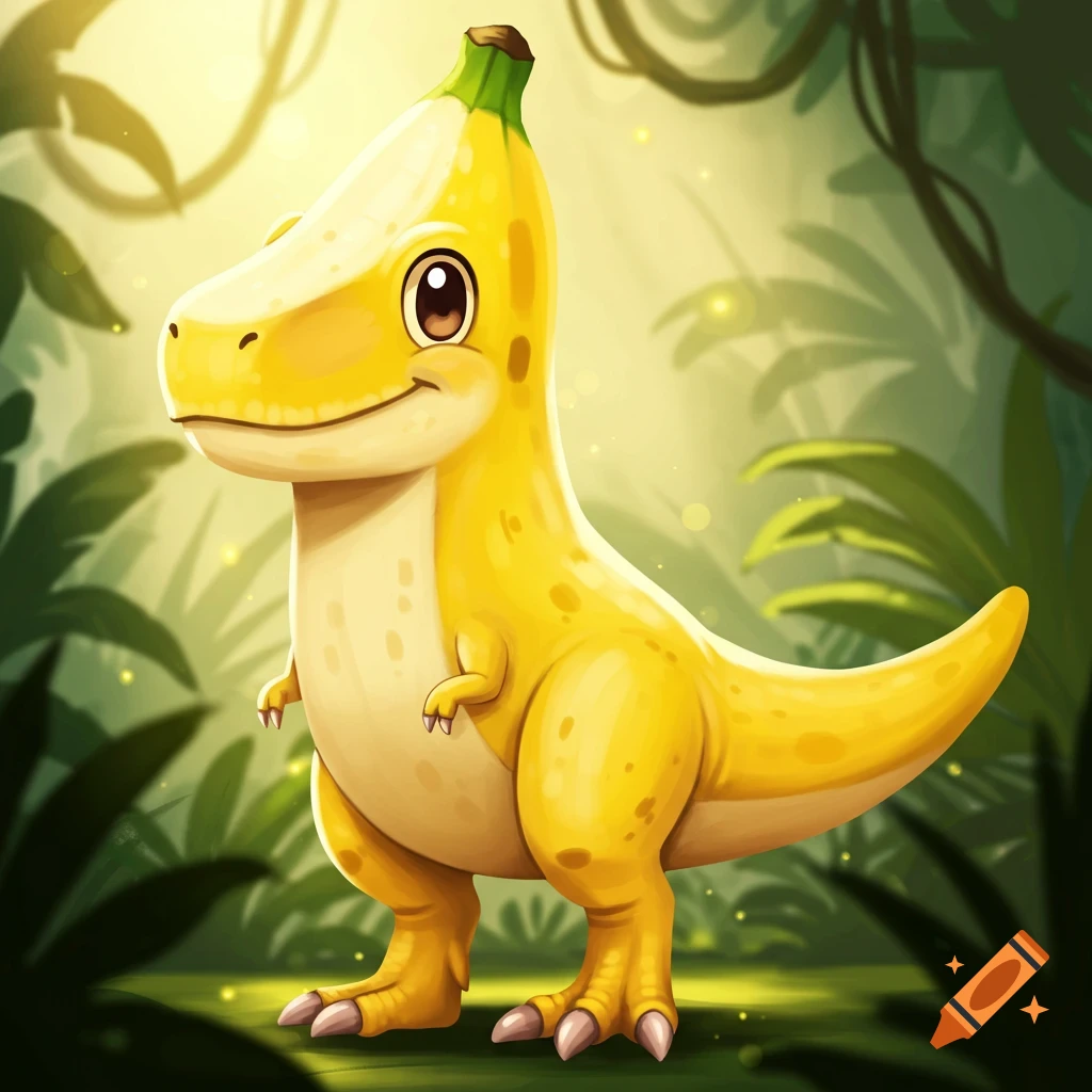 Cartoon style illustration of a banana shaped like a dinosaur standing ...