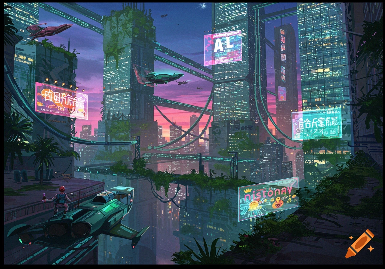 Concept art of a vibrant futuristic city with tilted towers, flying ...