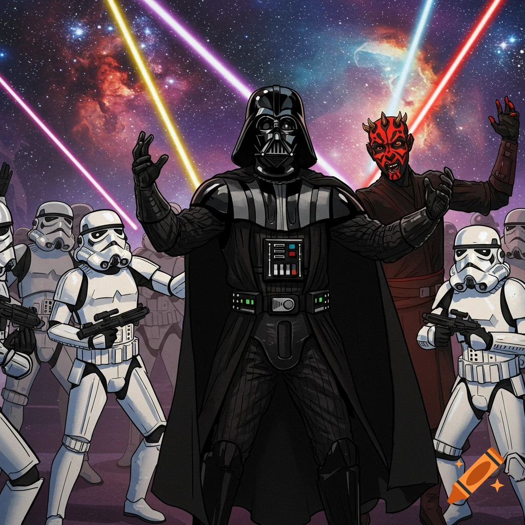 Cartoon style image of Darth Vader, Darth Maul, and Stormtroopers ...